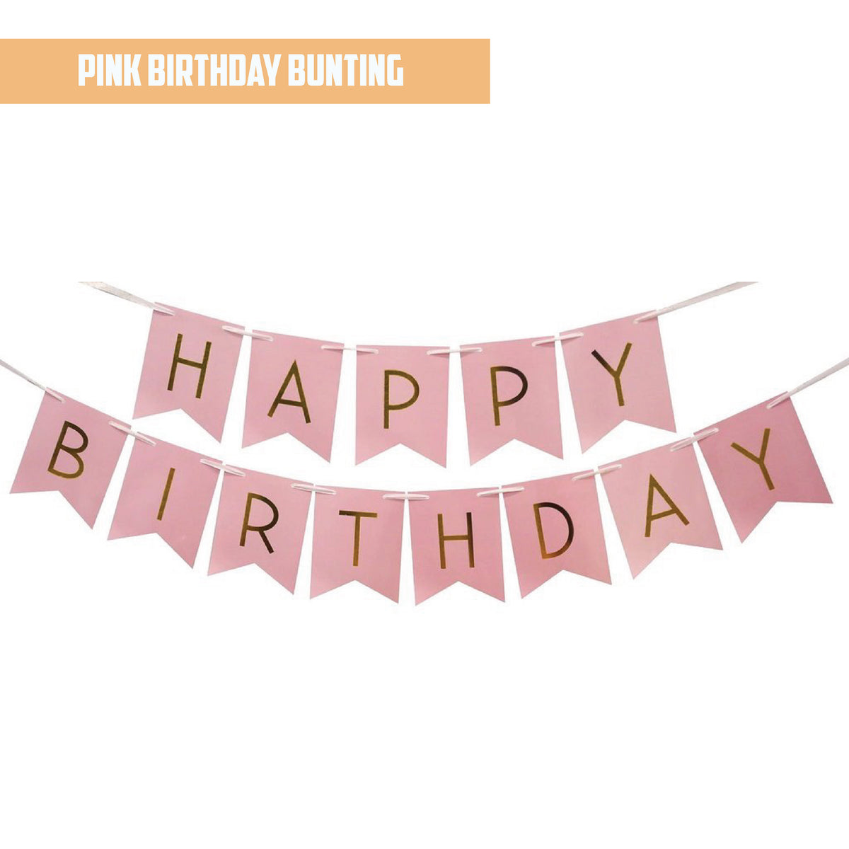 Gold Pleated Pink Bunting Happy Birthday Banner | Bloop Balloons